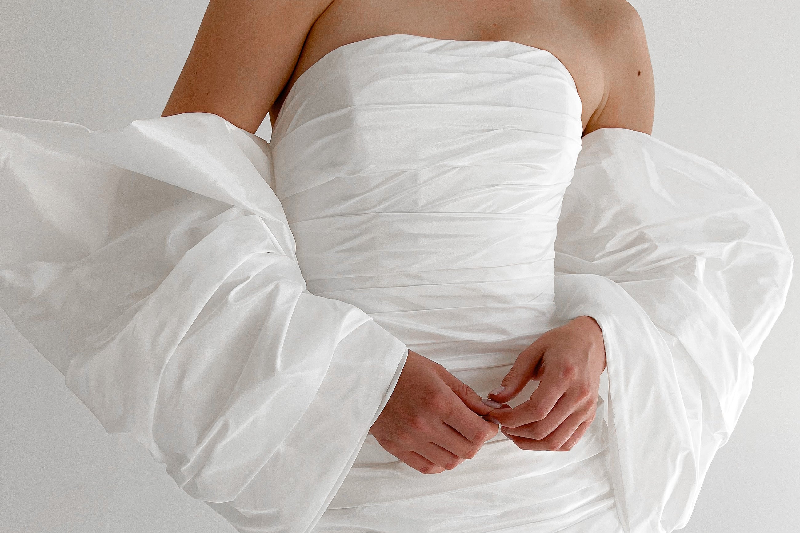 Short Taffeta Wedding Dress Anneli with Detachable Sleeves-Bow – Olivia ...